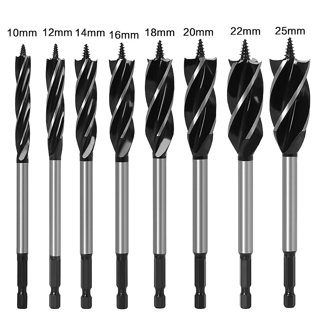 WSOOX Brad Point Wood Drill Bit Set 8PCS Four Spiral Flutes Drill Bit by 1/4" Hex Shank for Quick Chip Removing and Fast Drilling(Drilling Diameter:10mm,12mm,14mm,16mm,18mm,20mm,22mm,25mm)