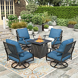 HERA'S HOUSE 5 Pieces Fire Pit Patio Furniture Set, 4 x Thick Cushioned Swivel Chairs with 28" Fire Pit Table (50,000 BTU), Outdoor Conversation Set for Garden Backyard Lawn, Pacific Blue