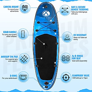Inflatable Paddle Board SUP by Crew & Axel - 10FT 33" Wide (6.2” Thick) Stand up Paddleboard Set W/Backpack, 3 Fins, Floating Paddle, Light Weight (17lb), Drybag, Camera Mount, Rings Seat Blue
