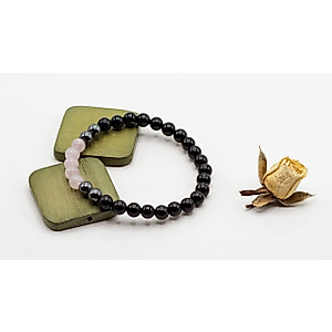 LTC Designs 6mm Black Tourmaline and Rose Quartz Metaphysical Healing Yoga Stretch Bracelet of Protection, Love and Stress Relief, 7.5" for Men,and Women