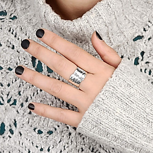 Boho-Magic 925 Sterling Silver Band Ring for Women Plain Thumb Wide Cuff Hammered Adjustable (7)