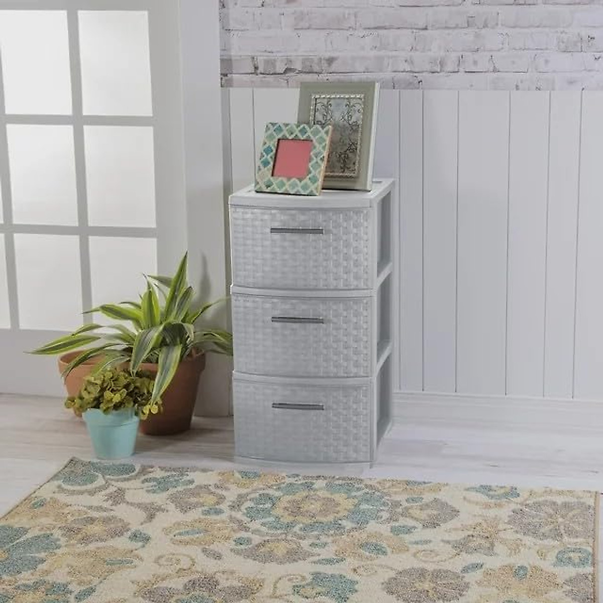 3 Drawer Weave Storage Tower Set of 2, Plastic Decorative Drawers to Organize Clothes in Bedroom with Gray Drawers