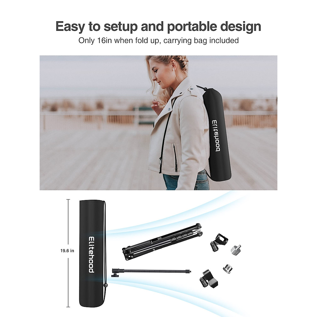 Elitehood Aluminum Foldable Microphone Stand, 82’’ Tall & Height Adjustable Mic Stand Boom, Microphone Tripod Stand with Mic Clip Holder for Singing, Performance, Karaoke, Speech, Stage and Outdoor