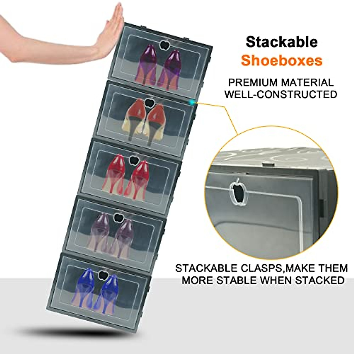 ikaufen 12 Pack Shoe Organizer Boxes, Shoe Boxes Black Plastic Stackable,Shoe Storage Bins for Closet,Space Saving Shoe Containers For Sneaker Display, Fit up to US Size 12(13”x 9.1”x 5.5”)