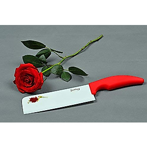 Sailing. Elegant 6.5-inch Ceramic Chef's Knife, Red Handle,White Blade with Red Flower - Best Kitchen Ceramic Cutlery, Featuring Designs