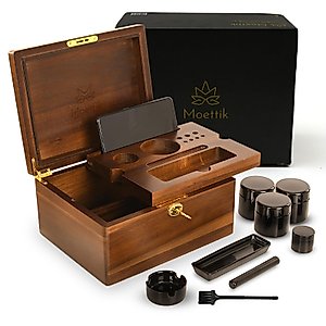 Moettik Premium Storage Box -Acacia Wooden Smell Proof Locking Storage Box with Accessories Removable Wood Tray, Glass Jars, Metal Tube, Ceramic Tray, Brush, Brown Upgraded Design
