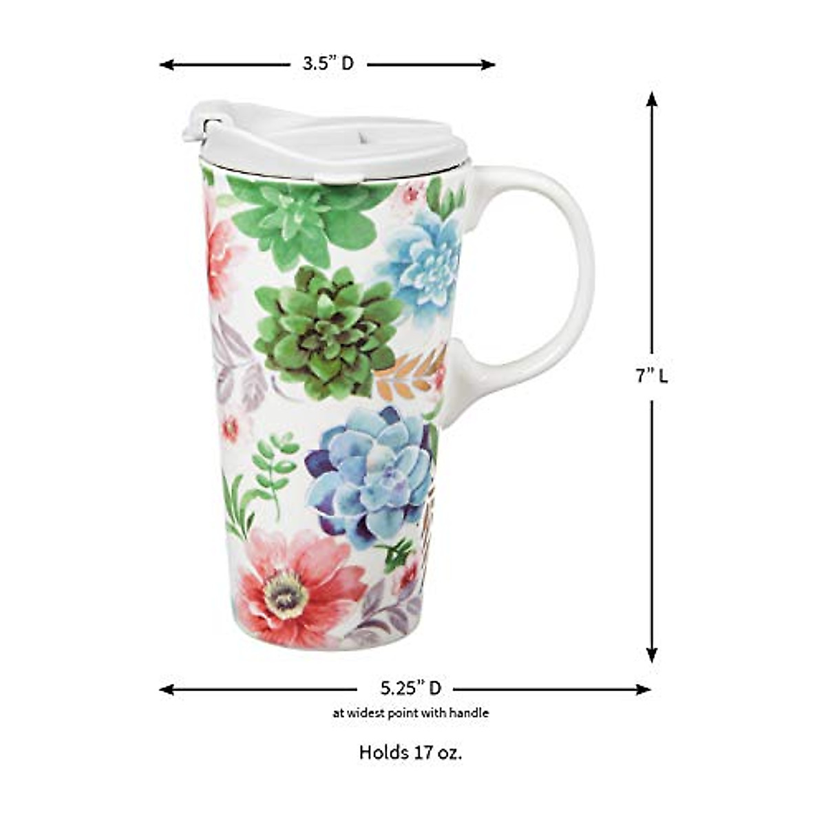 Cypress Home Fresh Succulents Ceramic Travel Cup - 5 x 7 x 4 Inches