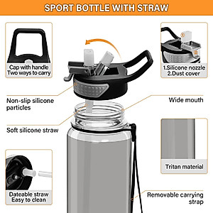 Kigai Plain Grey Solid Color Water Bottle with Straw Lid 32oz Leakproof Clear Gym Water Bottles for Women Men Outdoor Sport Drinking