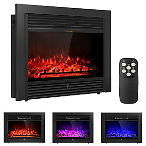 Salches 28.5" Electric Fireplace, 750W/1500W Insert Recessed Mounted Wall Fireplace w/3 Color Flames, 8 H Timer & 5 Brightness Settings, Fireplace Heater with Remote Control for Indoor Use