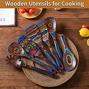 Gudamaye Pakkawood 7-Piece Blue Wooden Cooking Utensils, Wooden Spoons for Cooking, Wooden Spoon Set, Wooden Kitchen Utensil set, Pakkawood Cooking Spoons, Non-Stick Spoon,Pakkawood kitchen utensils
