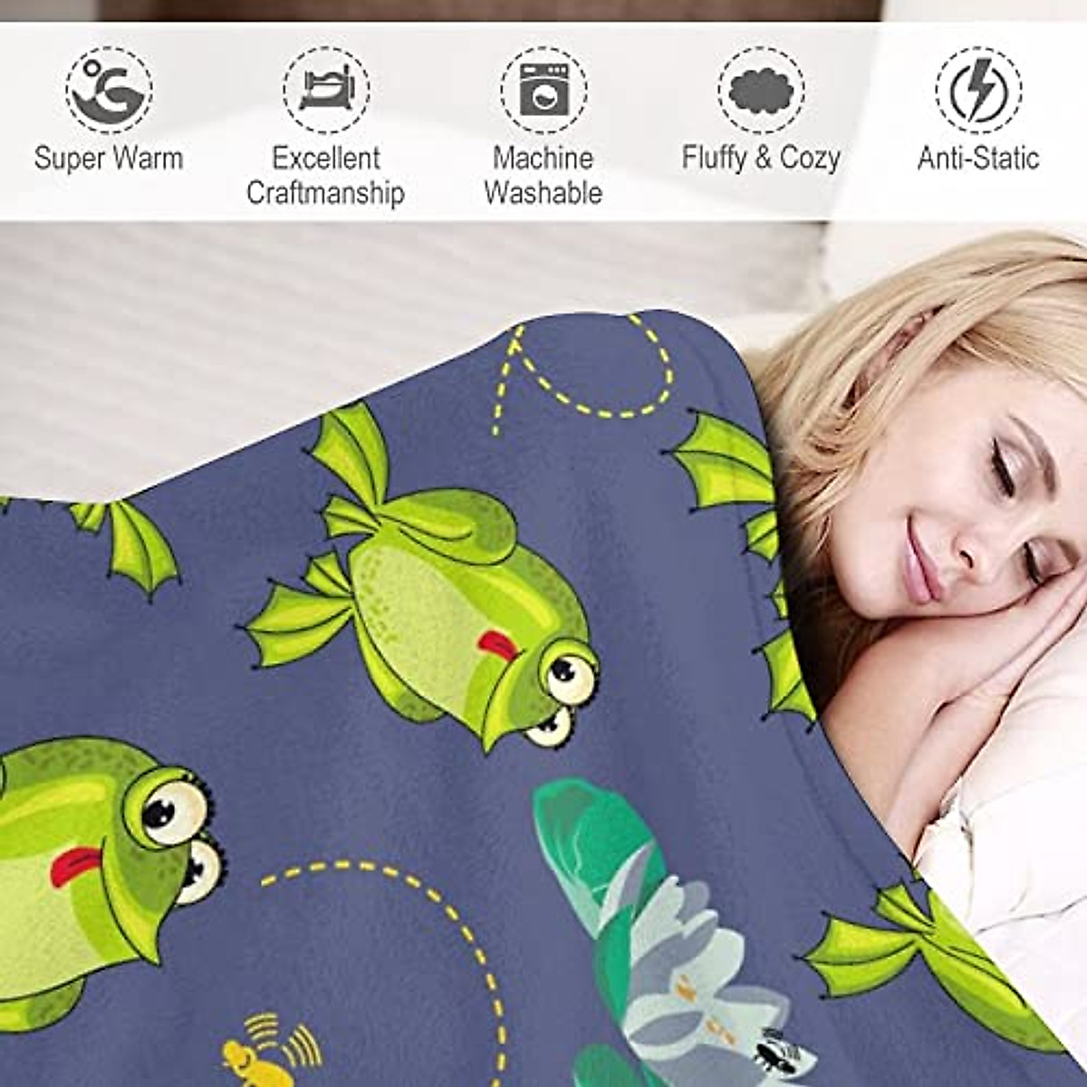 Frog in Lotus Pond Throw Blanket for Couch Bed Flannel Lap Blanket Lightweight Cozy Plush Blanket for All Seasons 50"x70"