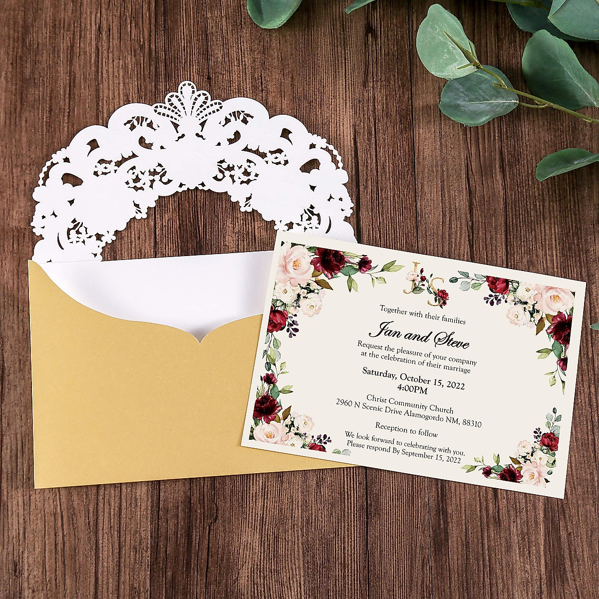 DORIS HOME 50pcs Gold BLANK Laser Cut Flora Lace invitation Cards with Envelopes for Wedding Invitations, Bridal Shower, Engagement, Birthday, Bachelorette Party, Baby Shower