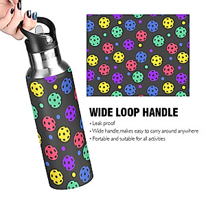 HJJKLLP Colorful Pickleball Sport Water Bottle with Straw Lid Double Wall Vacuum Insulated Stainless Steel Water Bottle 20 oz