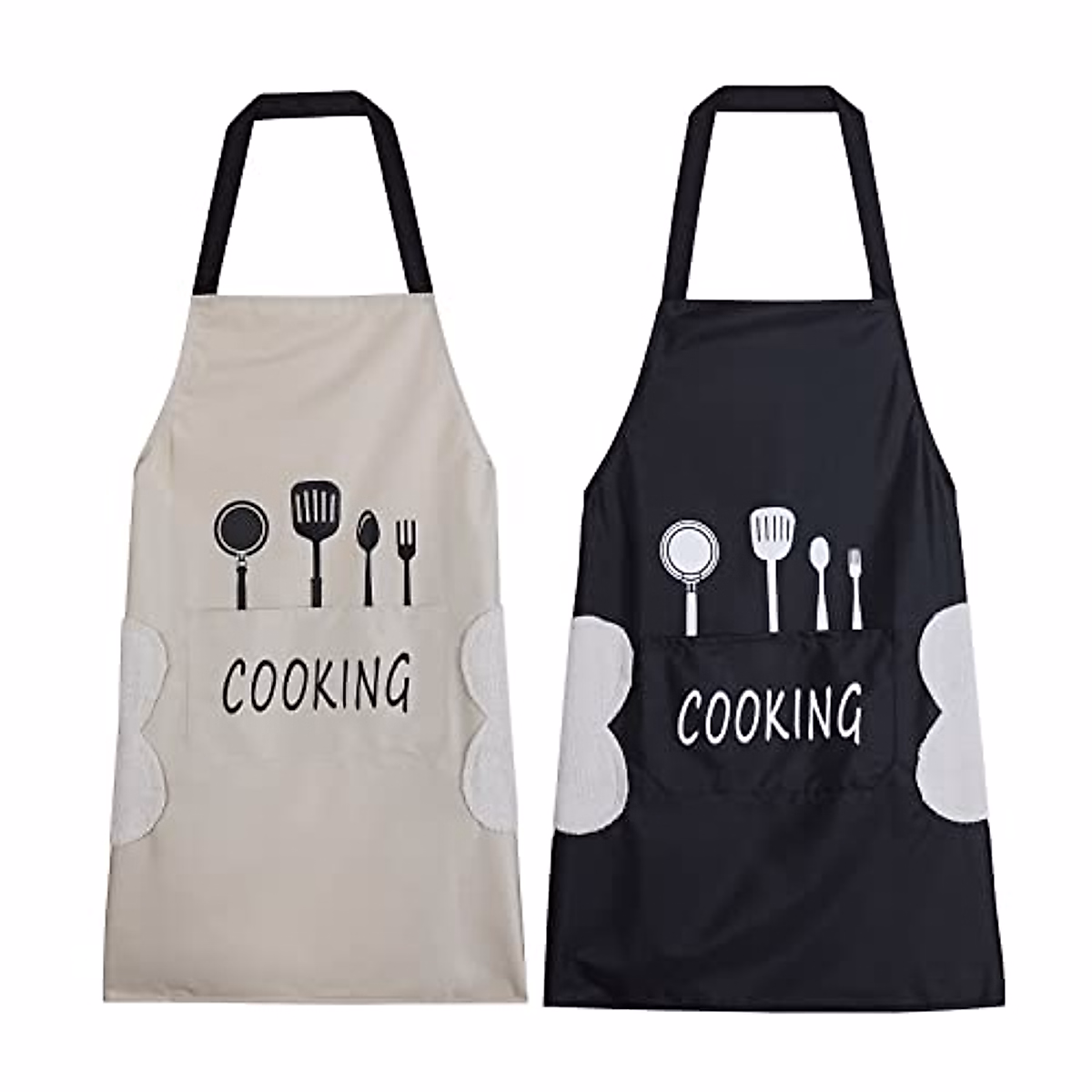 Agirlvct 2 Pack Kitchen Apron with Hand Wipe,Water-drop Resistant with 2 Pockets Cooking Bib Aprons for Mother Women Men Chef Coffee Restaurant (Black&Beige)