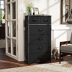VredHom Fabric Dresser for Bedroom, Tall Skinny Dresser with 6 Drawers, Storage Organizer Tower, Steel Frame Wooden Top for Closet, Living Room, Hallway, Nursery(Black)