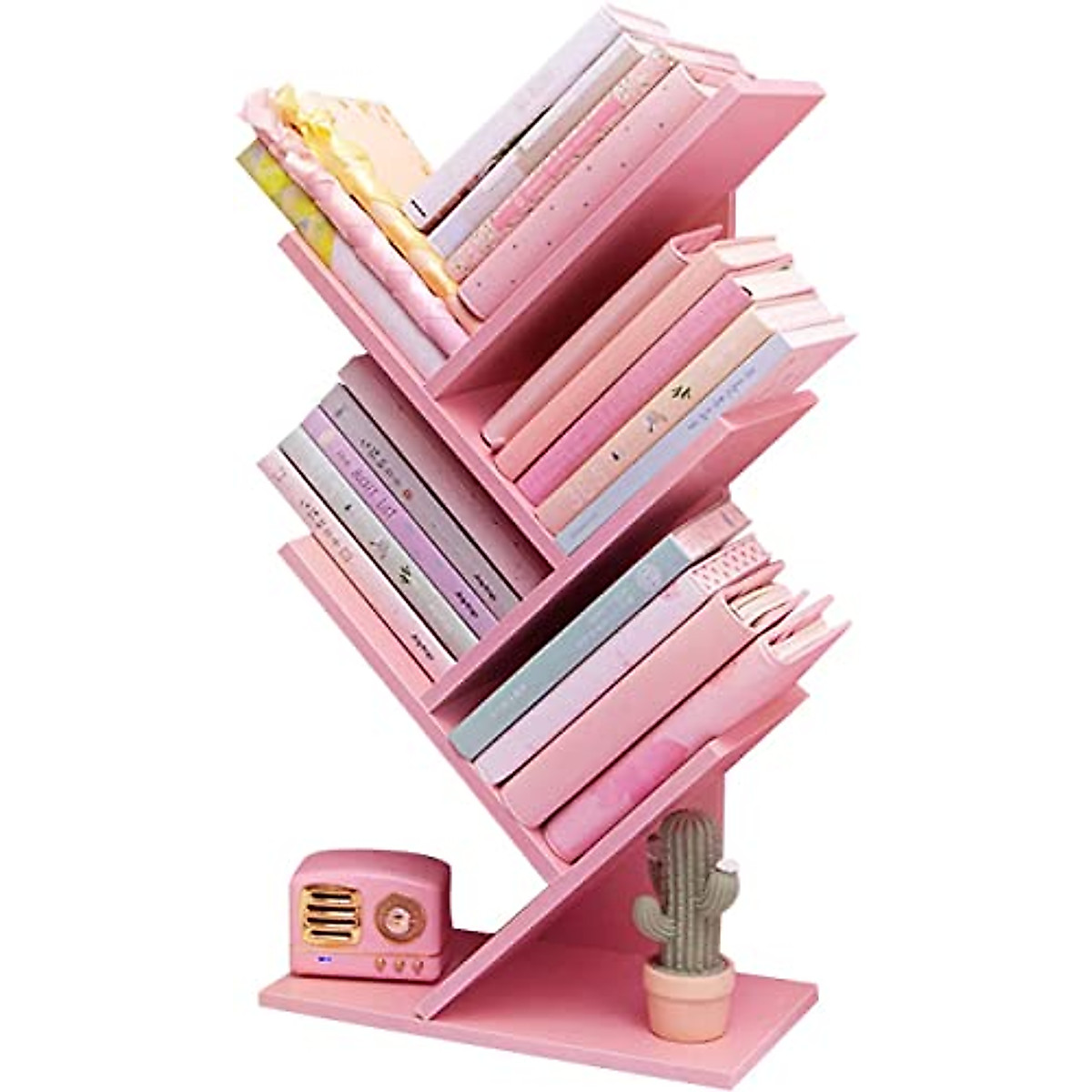 J.DXHY Tree Bookshelf,4-Layer Floor Standing Bookshelf,The Desktop Bookshelf Can Hold Books,Magazines,CDs and Photo Albums,Office Storage Rack,Pink