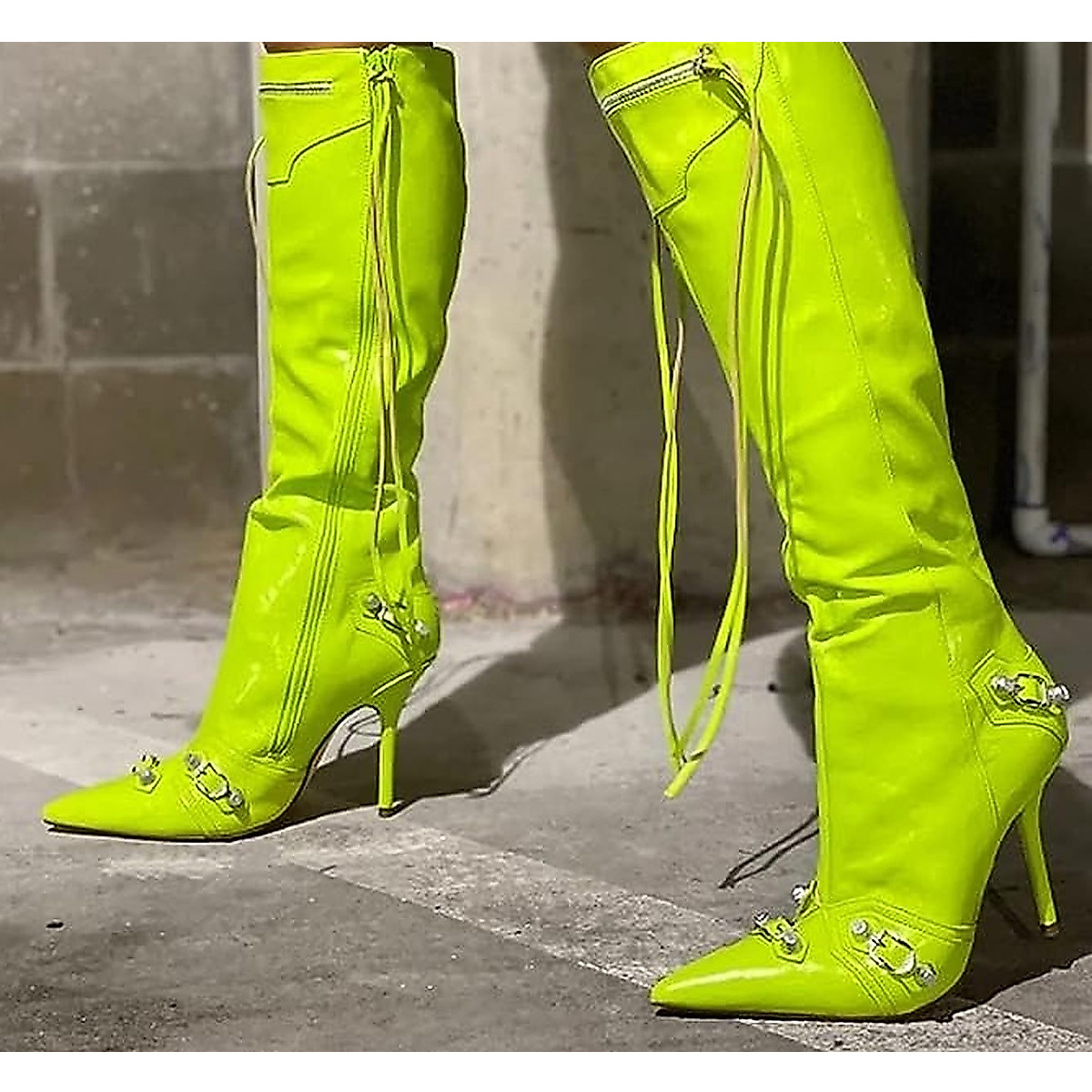 Women Pointy Toe Knee High Heel Boot with Tassel Zipper Bexie-3 Lime 11