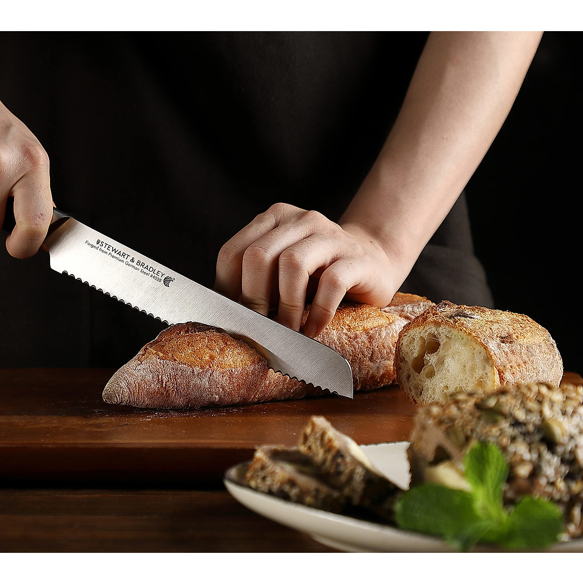 STEWART & BRADLEY 8Inch Serrated Bread Knife. MasterPro Series Full Tang, Razor Sharp, Ultra Fine Highly Tempered German Steel 4028, Forged to 1400 degrees, Precision Diamond Sharpened bread knife