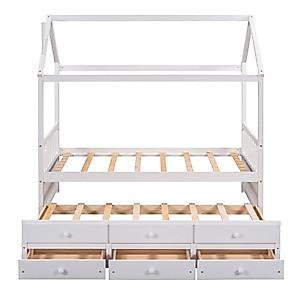 Bellemave Twin House Bed with Trundle and 3 Storage Drawers, Twin Captain's Beds Wooden Storage Daybed Frame for Kids Teens Boys Girls (Twin Size, White)