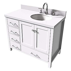 ARIEL Bathroom Vanity 43" Inch in White with Pure White Quartz Countertop, Right Offset Oval Sink 2 Soft Closing Doors and 5 Full Extension Dovetail Drawers, No Mirror