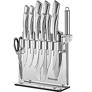 Knife Set, 14 PCS High Carbon Stainless Steel Kitchen Knife Set for Chef, Super Sharp Knife Set with Acrylic Stand, include Steak Knives, Sharpener and Scissors, Ergonomical Design by kincano