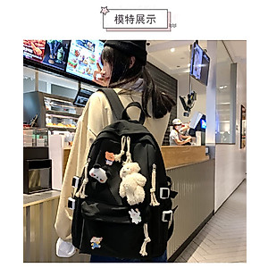 Timtram Kawaii School Backpack, Cute Aesthetic for Teen Girl Boy Aesthetic, Bag Laptop College Free Plush Pendant & Pins (Black)