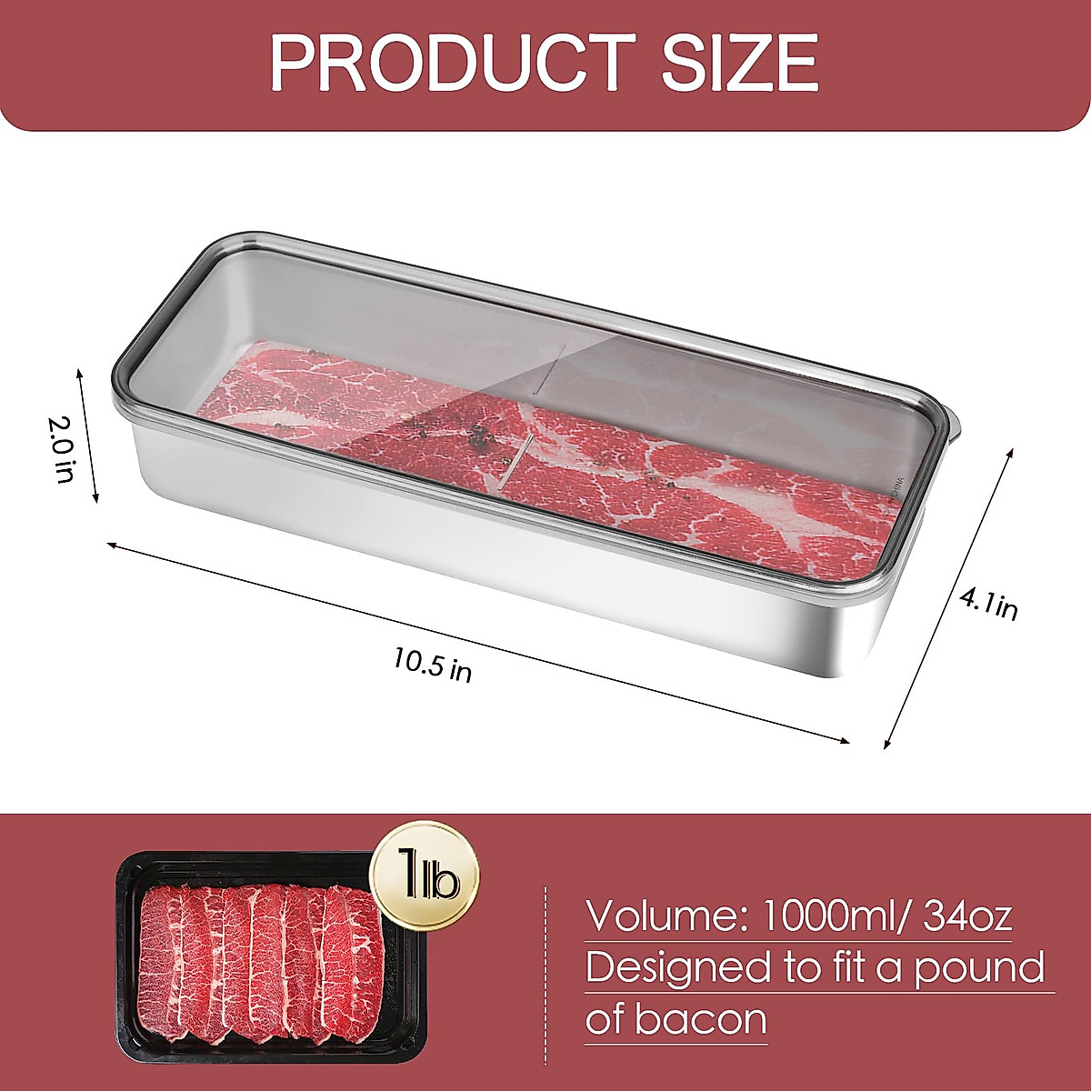 Maxracy Food Storage Container, 304 Stainless Steel Bacon Container for Refrigerator, Deli Meat Keeper Fridge Storage (1PCS Bacon Container- 34 FL OZ)
