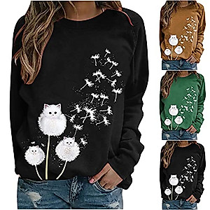 MELDVDIB Womens Long Sleeve Shirts Round Neck Cute Cat Print Tee Pullover T-Shirt Casual Loose Workout Blouses Tops (Black, L)