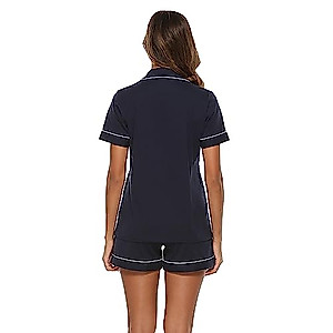 EA'S SECRET Womens Pajamas Set 100% Cotton Soft Short Sleeve Sleepwear Button Down Nightwear Summer Pj Sets S-XXL(Navy Blue,M)