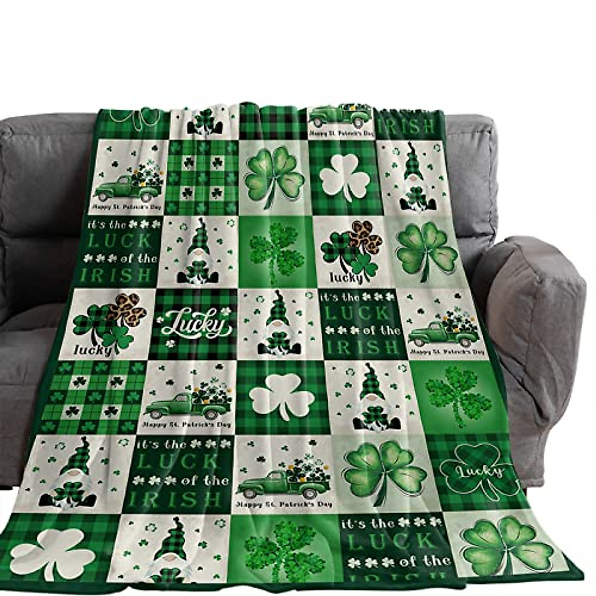 OneHoney St. Patrick's Day Blanket Super Soft Flannel Fleece Throw Blankets Gnomes Farm Truck Clover Throws Lightweight Cozy Warm Plaid Bed Blanket Fuzzy Plush Microfiber Blankets for Couch Sofa