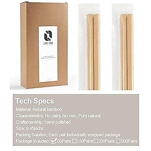 LOROTOCO 50 Pairs Chopsticks Disposable Reusable 9.5" Individually Wrapped Bulk Premium Quality