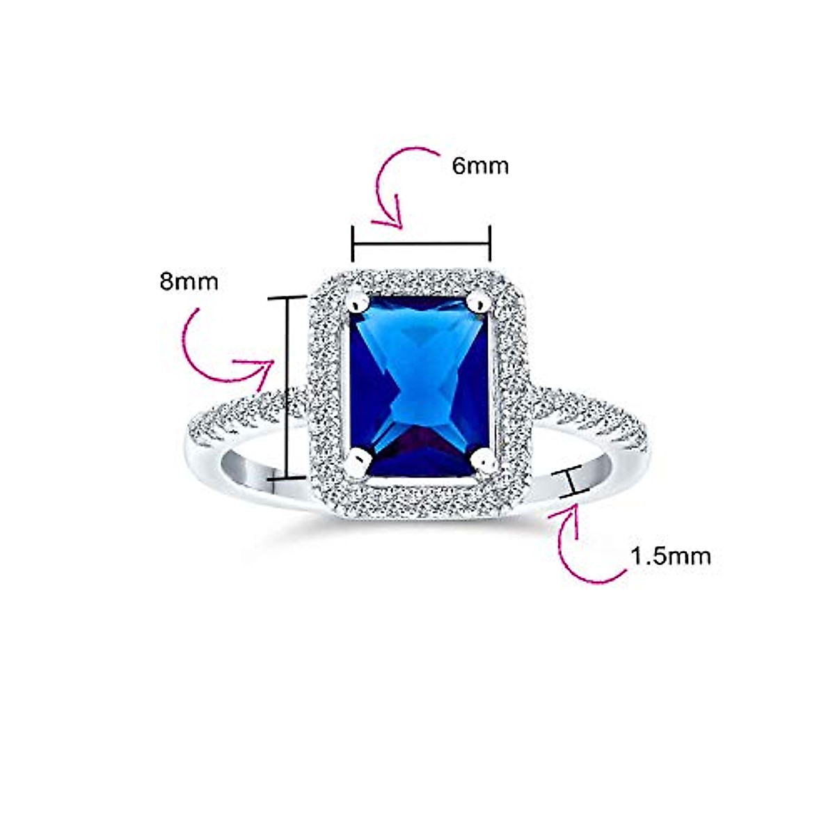 Bling Jewelry 3CT AAA CZ Pave Band Rectangle Solitaire Halo Blue Simulated Sapphire Emerald Cut Engagement Ring For Women .925 Sterling Silver