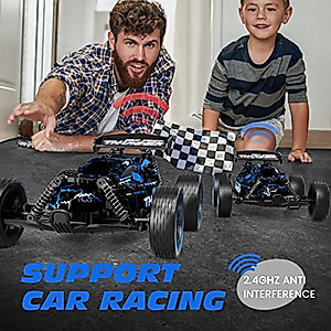 Tecnock RC Racing Car, 2.4Ghz High Speed Remote Control Car, 1:18 2WD Toy Cars Buggy for Boys & Girls with Two Rechargeable Batteries for Car, Gift for Kids(Blue&Light)