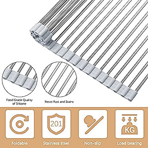 MGahyi Roll Up Dish Drying Rack, Over The Sink Drying Rack, Multipurpose 304 Stainless Steel Silicone Wrapped Steel Roll-Up , Folding Dish Rack for Kitchen Sink （Gray, 17.3" x 10.2"）