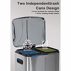 Capacmkseh Stainless Steel Kitchen Trash Can with Lid, 2 X 5-Gallon Dual Step Trash Can, 10 Gallon Large Garbage Can for Kitchen, Recycling Bins, Household Essentials Trash Classification