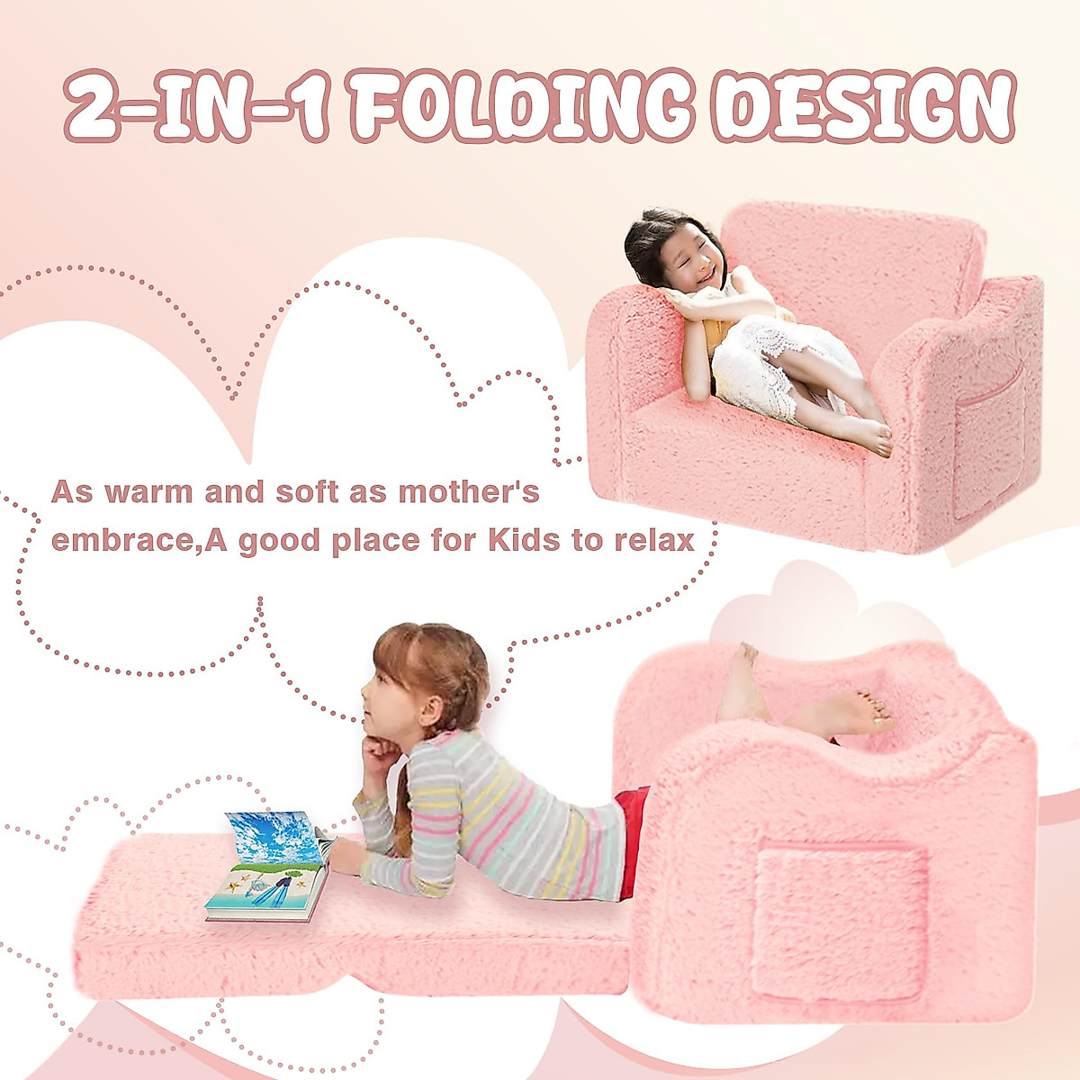 QIICMER Toddler Chairs Comfy 2-in-1 Kids Couch Fold Out Convertible Sofa to Bed, Kids Sofa for Girls and Boys, Cuddly Chairs for Toddlers 1-3 (Pink)
