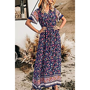 PRETTYGARDEN Women's Casual Summer Boho Floral Print Dress V Neck Short Sleeve High Waist Long Maxi Beach Dresses (Navy,Medium)