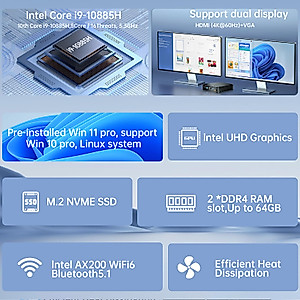 Kinupute Mini PC i9, Desktop Computer i9-10885H 2.4-5.3GHz, Windows 11 Pro, 32G DDR4, 1T NVME SSD, 4K@60Hz HDMI, VGA Port, USB3.0, WiFi6, BT5.1, Gigabit Ethernet for Business/Education/Office/HTPC