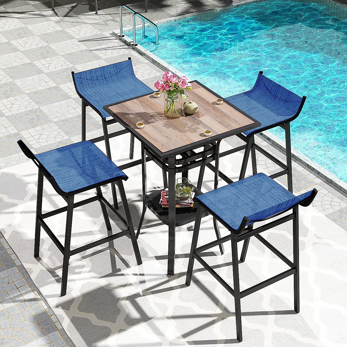 Sundale Outdoor Patio Metal Bar Stools Set of 2, Low Back Counter Height Tall Chairs, High Top Armless Pub Seat Barstools for Outside Porch Yard Deck Balcony, Modern Blue