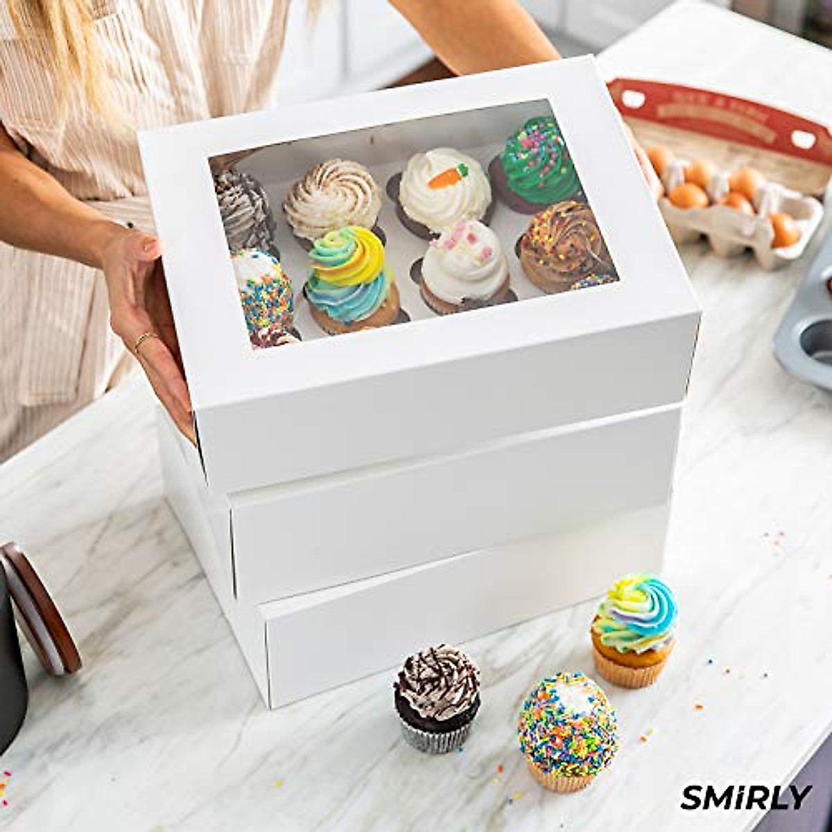 SMIRLY White Cupcake Boxes 12 Count: Disposable Cupcake Containers 12 Count, Cupcake Holder with Lid, Cupcake Carrier, Bakery Boxes with Window, Pastry Boxes Cookie Boxes with Window Large Treat Boxes