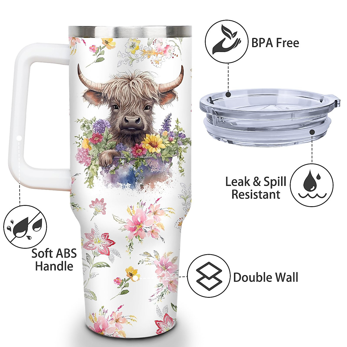 thmasamwr Just A Girl Who Loves Cows Tumbler with Lid and Straw, Stainless Steel 40oz Tumbler with Handle, Cow Print Travel Coffee Mug Cups Gifts for Women and Girls