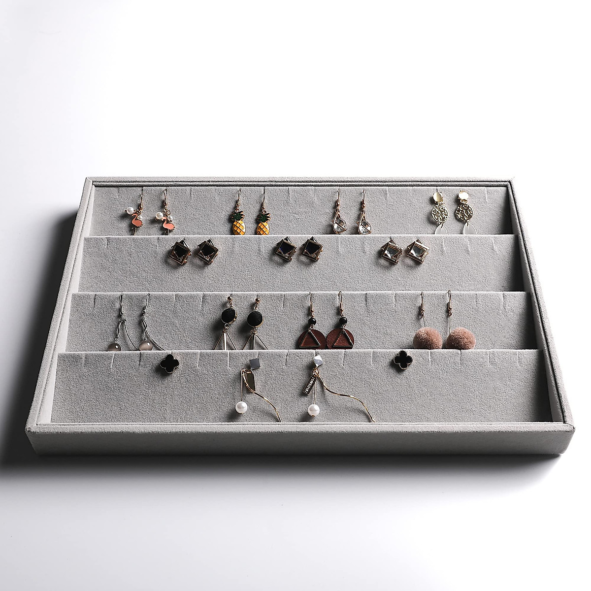 Frebeauty Stackable Velvet Jewelry Organizer Trays for Drawers Inserts Jewelry Storage Tray Display Case Earrings Bracelets Necklace Rings Accessories Trays for Women(Set of 4)(Grey).