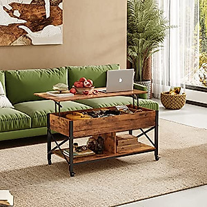WLIVE Lift Top Coffee Table for Living Room,Coffee Table with Storage,Hidden Compartment and Metal Frame, Central Table with 4 Casters for Reception Room,Rustic Brown.