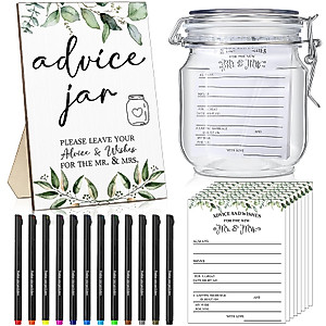 Sintuff 114 Pieces Greenery Bridal Shower Decoration Include Advice and Wishes for the Mr and Mrs Wedding Advice Sign with Holder 100 Advice and Wishes Cards 12 Pens PET Wedding Wish Jar for Guest