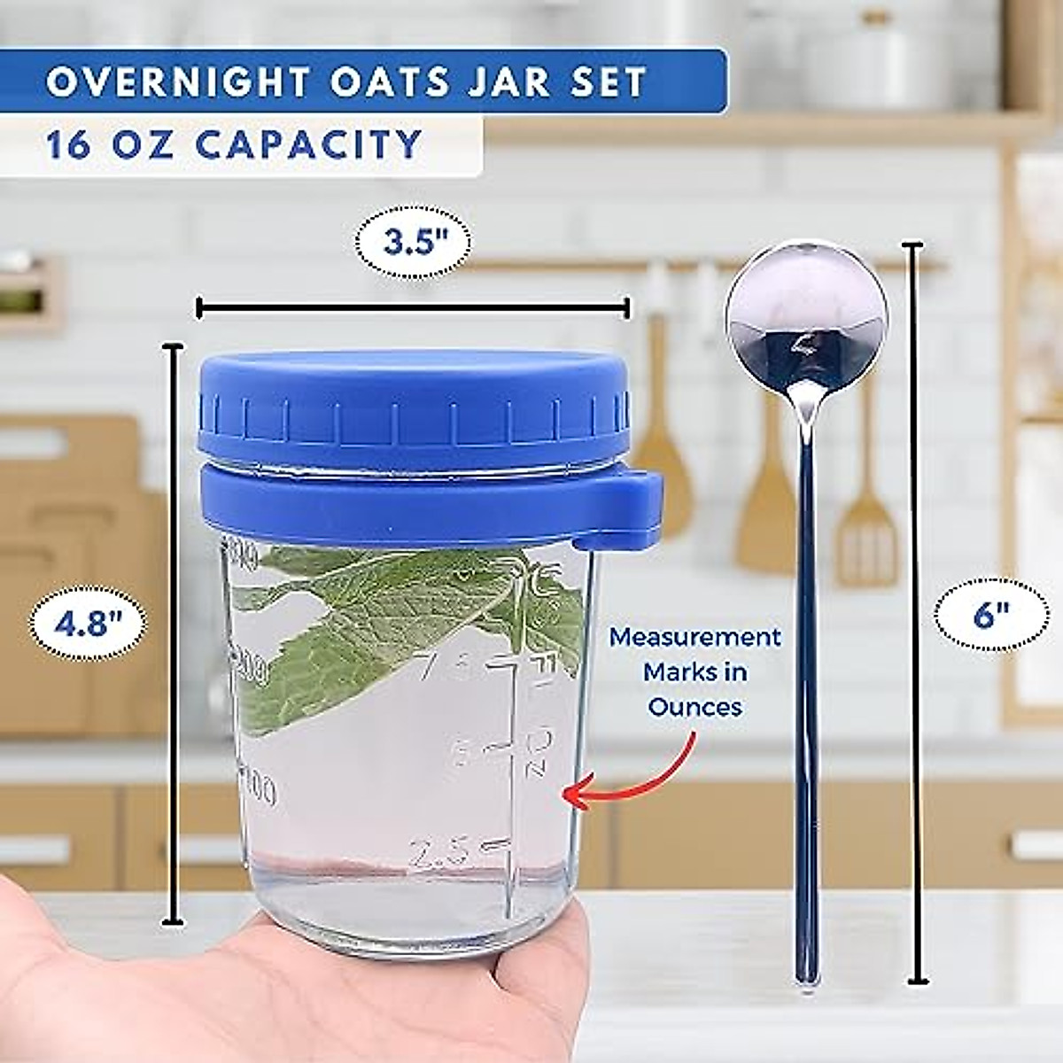 KARD LABS - Overnight Oats Jar Set with Recipe Book, 16 oz Glass Mason Jars for Overnight Oats with Measuring Cup, Lids and Stainless Steel Spoons, 4 Pack