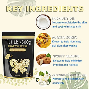 Hard Wax Beads for Sensitive Skin Hair Removal, 1.1LB Painless Pearl Waxing Beans with 20 Spatulas for Bikini, Eyebrow, and Facial At-Home Waxing for Women and Men (Cream)