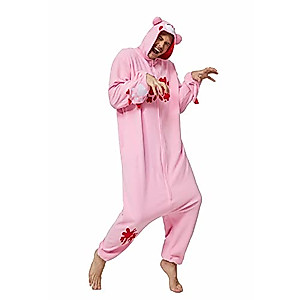 Kigrucme Unisex Adult Cartoon Onesie Pajamasr One Piece pink Bear Animal Costume Halloween Cosplay Homewear Anime Costume(pink,l)