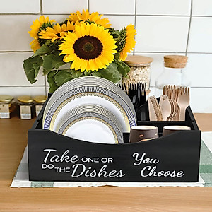 Paper Plate Holder Utensil Caddy for Countertop, Wood Utensil Holder Organizer for Plate Cup Fork Knives Spoon Napkin, Kitchen Countertop Paper Plate Holders Silverware Caddy Holder for Party, BBQ