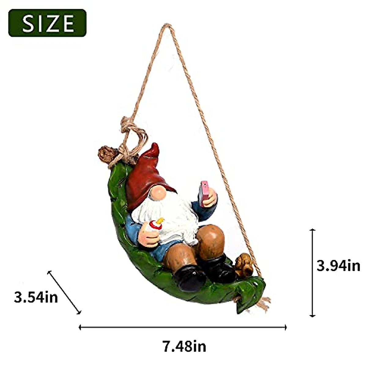 ASAMASA Funny Garden Gnomes Outdoor Hanging Statue, Fairy Garden Swinging Leaf Hammock Gnome Figurine for Lawn Patio Yard Tree Decorations,Adorable Relaxed Gnome