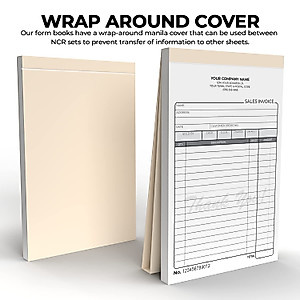 Custom Carbonless NCR Sales Invoice Form Books 5.5 x 8.5 Inches - NCR 2-Part Staple Bound Pads with Manila Cover Personalized with Company Name and Number Printed (100 Sets)